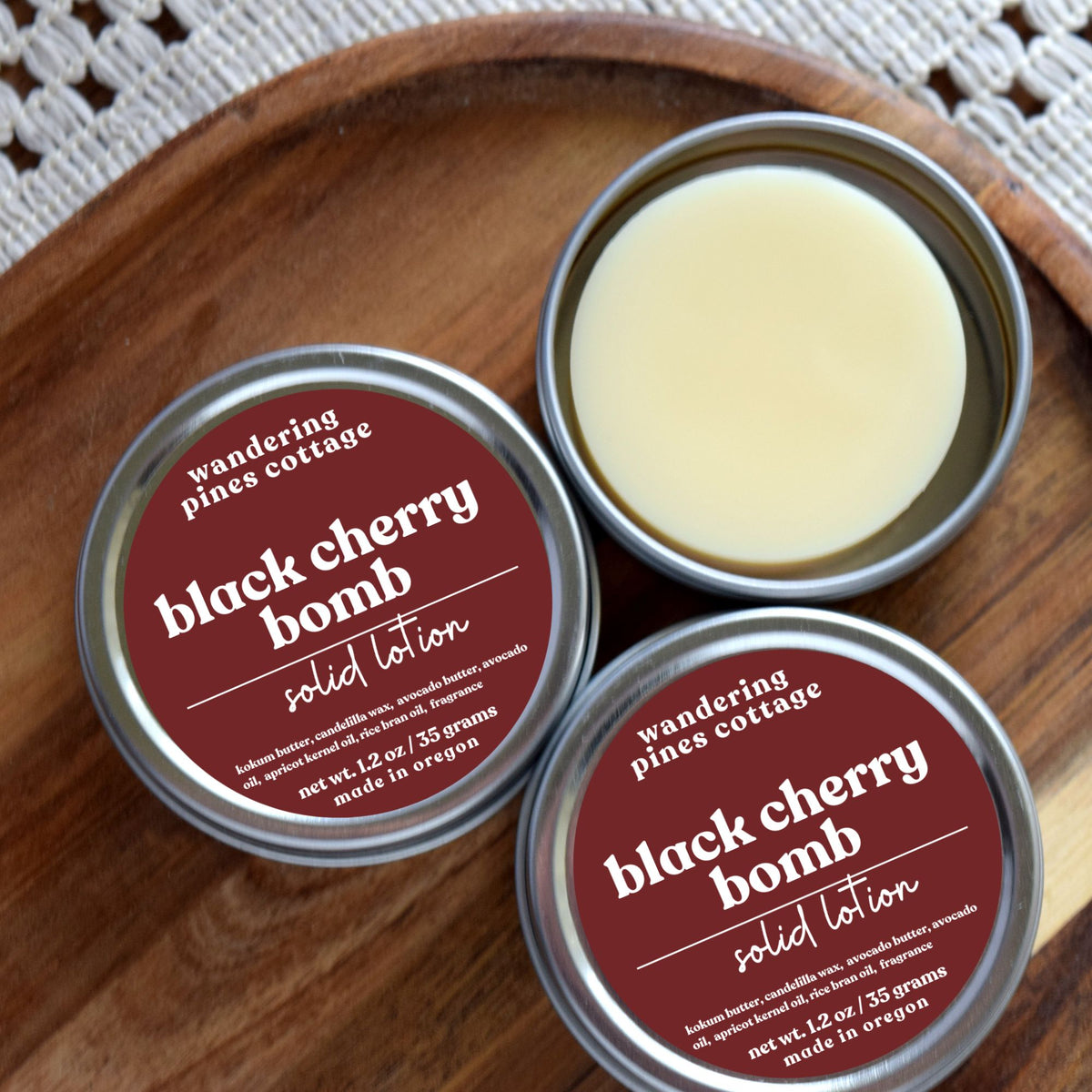 Black Cherry Bomb Solid Lotion Tin – Wandering Pines Cottage